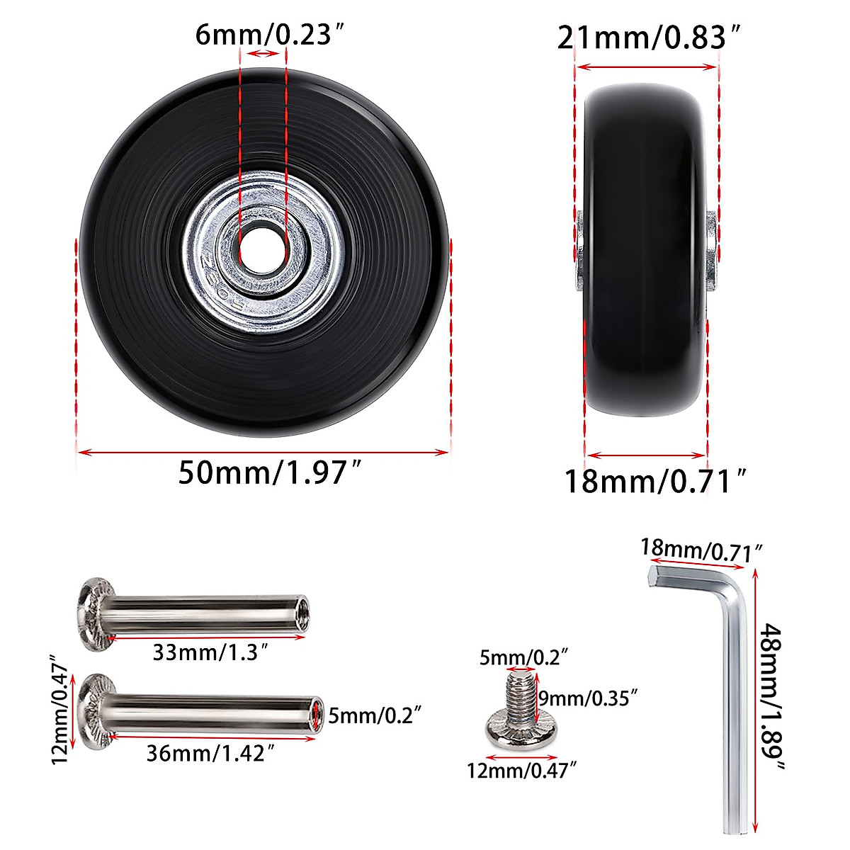 OwnMy 50mm x 18mm Set of 4 Luggage Suitcase Replacement Wheels, Rubber Swivel Caster Wheels Bearings Repair Kits (Black)