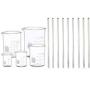 Glass Measuring Low Form Beaker Set and 9pcs Glass Stir Sticks Glass Stirring Rod