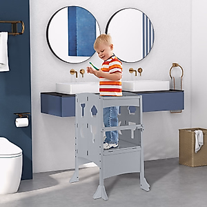 Costzon Toddler Tower, Foldable Kids Kitchen Step Stool w/Safety Rail, Height Adjustable Wood Standing Tower for Toddlers, Montessori Child Learning Tower for Bathroom, Kitchen Counter