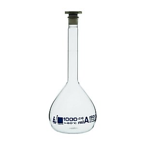 EISCO Volumetric Flask, 1000ml - Class A - 24/29 Polyethylene Stopper, Borosilicate Glass - Blue Graduation, Tolerance ±0.400