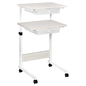 East Bank Designs Adjustable Height Rolling Table, White with Wood Grain Laminate Top