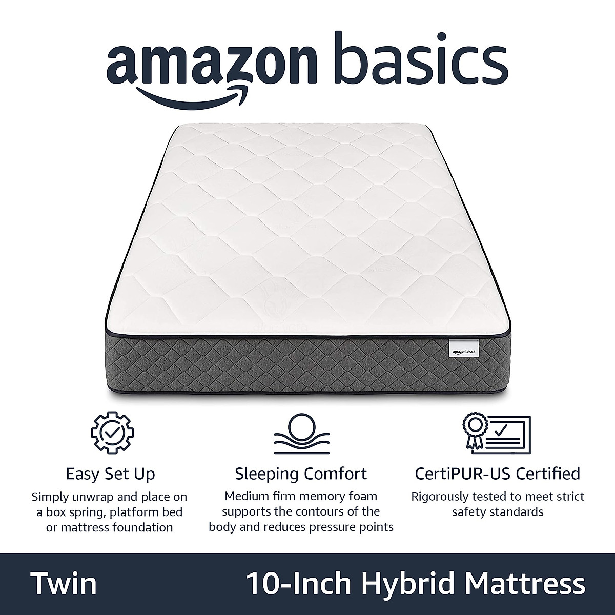 Amazon Basics Hybrid Mattress, Medium Feel, Memory Foam, Motion Isolation Springs, 10 Inch, Twin, White & Gray