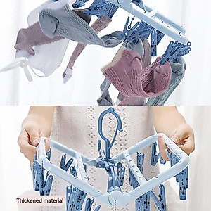 Foshine Clothes Drying Racks Foldable Clip Hangers Drip Hanger Plastic with 32 Drying Clips Wind-Proof Hook Underwear Hanger with Clips Plastic Laundry Clip for Socks Bras Blue (Blue)