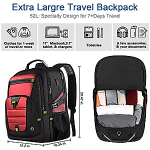 Extra Large Laptop Backpack, Travel Backpack 50L, Waterproof Computer Backpack with USB Port, TSA Approved Business Bag for Men Women Teacher, Heavy Duty Backpack Fits 17.3 Inch Laptop & Notebook, Red