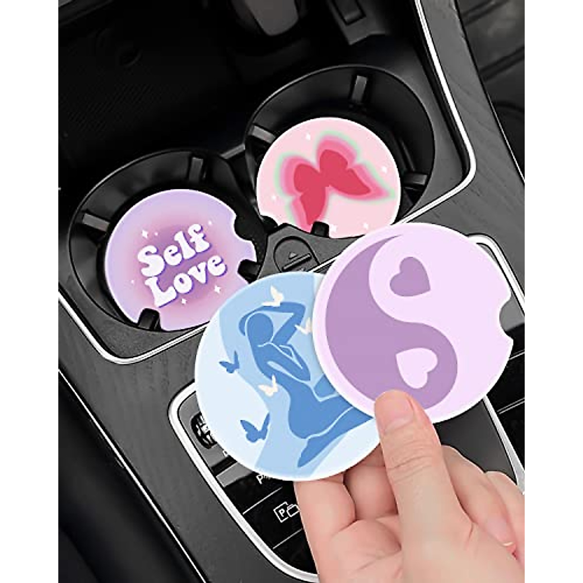 8pcs Danish Pastel Car Coasters 2.56 inches Car Cup Holders Absorbent Ceramics with Finger Notch Drinks Coasters Cork Base Aesthetic Smiling Face Flowers Preppy Boho Cute Car Accessories for Women