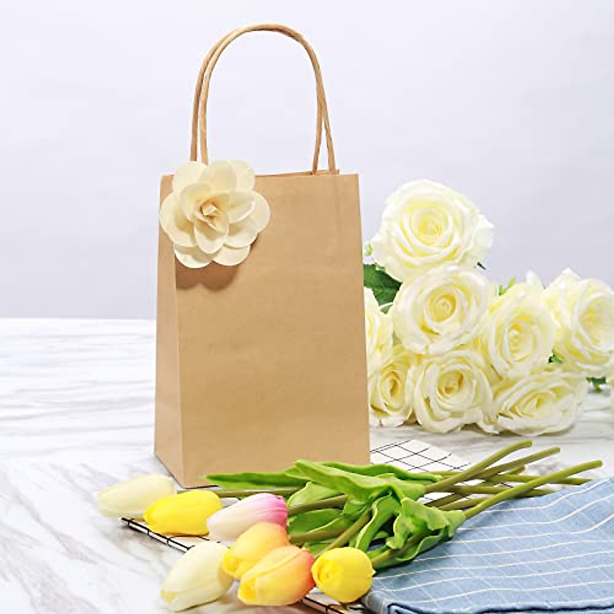 Ronvir 50pcs Brown Gift Bags 5.25x3.25x8 Inches Brown Paper Bags With Handles Small Brown Kraft Bags For Party Favor, Goodie, Candy, Halloween, Christmas, Thanksgiving