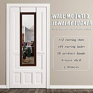 FDW Jewelry Cabinet 47.3" H Wall/Door Mounted Lockable Jewelry Armoire With 2 Drawers 6 Shelves 43.3"×10.6" Mirror High Capacity Jewelry Organizer, Brown