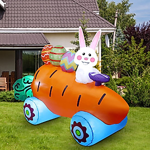 Sancodee 6 FT Long Easter Inflatable Bunny on Carrot Cart with Easter Eggs, Easter Blow up Yard Decorations for Indoor Outdoor Garden Lawn Holiday Party Decor