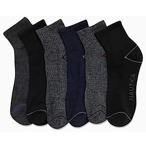 Nautica Men's Performance Quarter Socks with Cushioned Comfort (6 Pack), Size 6-12.5, Navy/Gray