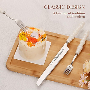 TUKDAK Pearl Wedding Cake Cutting Set with Forks, Cake Knife and Server Set with Stainless Steel Serrated Edges, Silver Pie Cutter Pizza Spatula, Gift for Bridal Couples Engagement