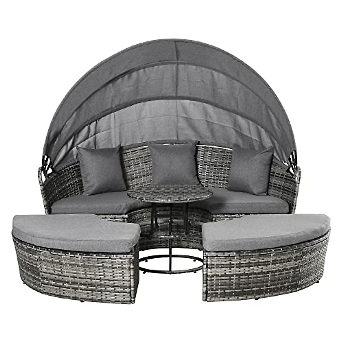 Outsunny 4pc Rattan Patio Furniture Set, Round Convertible Daybed or Sunbed, Adjustable Sun Canopy, Sectional Outdoor Sofa, 2 Chairs, Extending Tea Table, 3 Pillows, PE Plastic Wicker, Gray