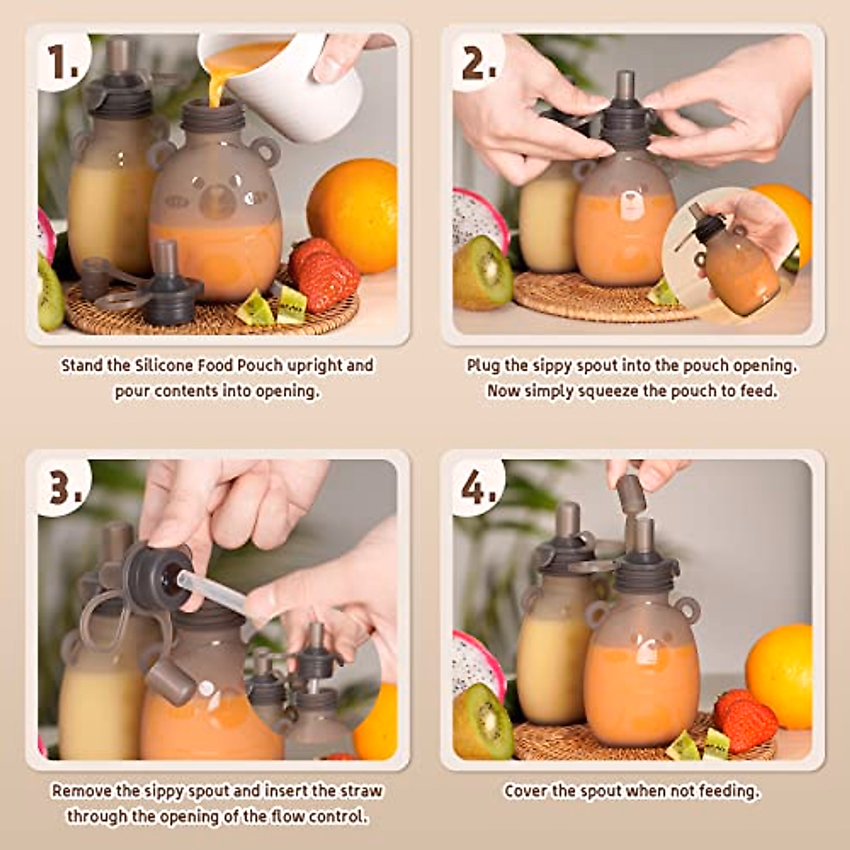 haakaa Happii Bear Reusable Pouches for Baby Food,Refillable Pouches for Toddlers, Reusable Squeeze Pouches for Kids,for Fruit Puree,Yogurt,Smoothies...2 Pack 6 oz/170ml, 6 Months+