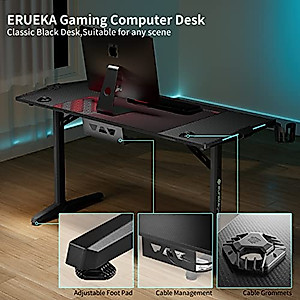 Eureka Ergonomic 55 Inch RGB LED Gaming Desk with Lights Up, PC Computer Studio Gamer Table I Shaped Home Office Workstation, w Free Mouse Pad,USB Ports Controller Stand Cup Headset Holder Black