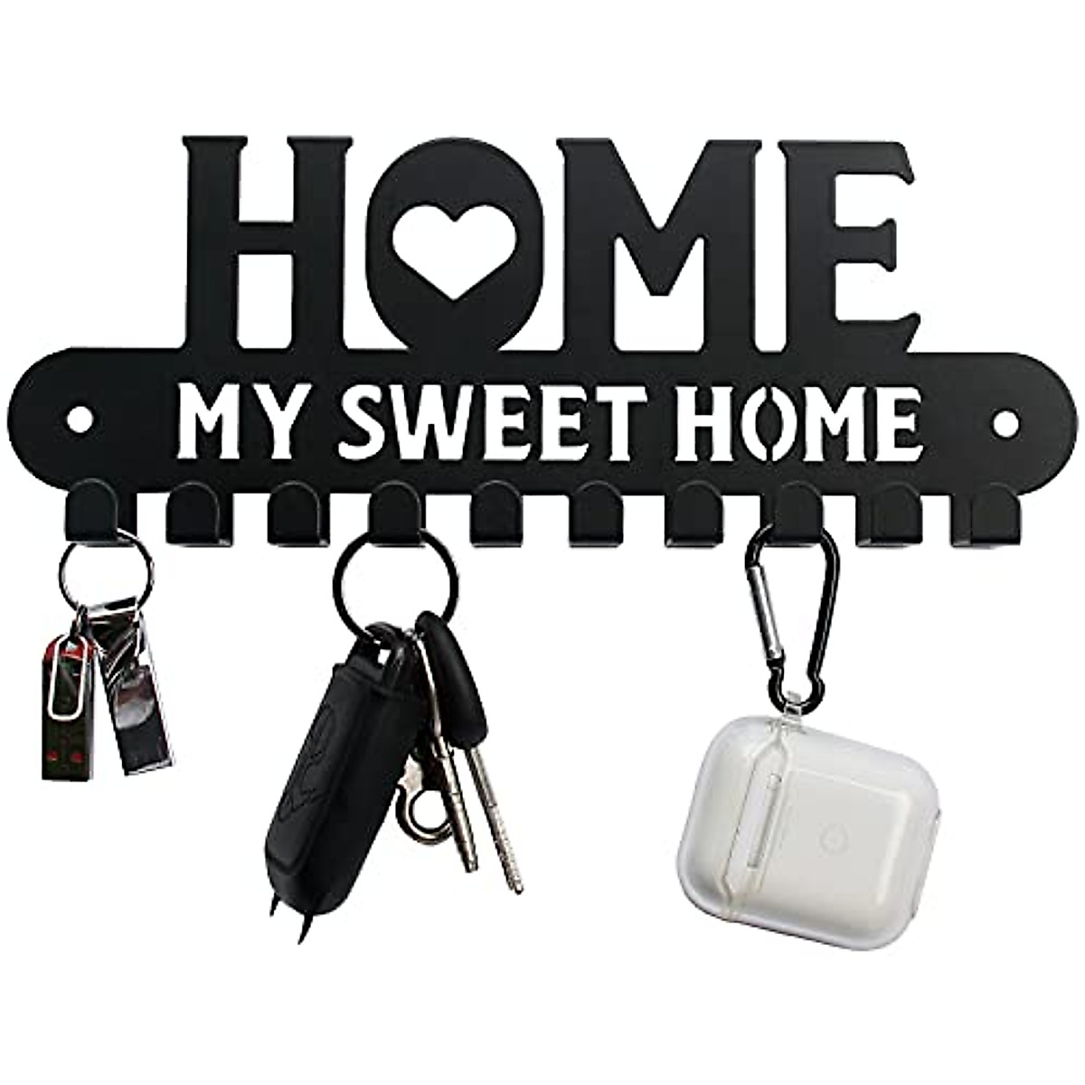 NASTURTIUM Black Metal Key Holder Hooks Sweet Home Wall Hanger Decor for Front Door Kitchen Garage Ready to Hang, 10 Hook Racks