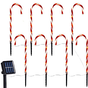 BRIGHTDECK Christmas Solar Candy Cane Pathway Lights, 8 Pack 21“ Outdoor LED Christmas Decorative Marker Lights, Light Up Solar Stake Lights for Holiday, Xmas, Walkway, Sidewalk, Garden,Yard（Red）