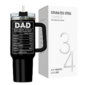 34HD Funny Dad Tumbler with Handle & Straw, 40oz Stainless Steel Vacuum Insulated Men Jokes Coffee Mug with Lid, Birthday Christmas Father Day Gifts for New Papa Bonus Dad Husband Grandpa