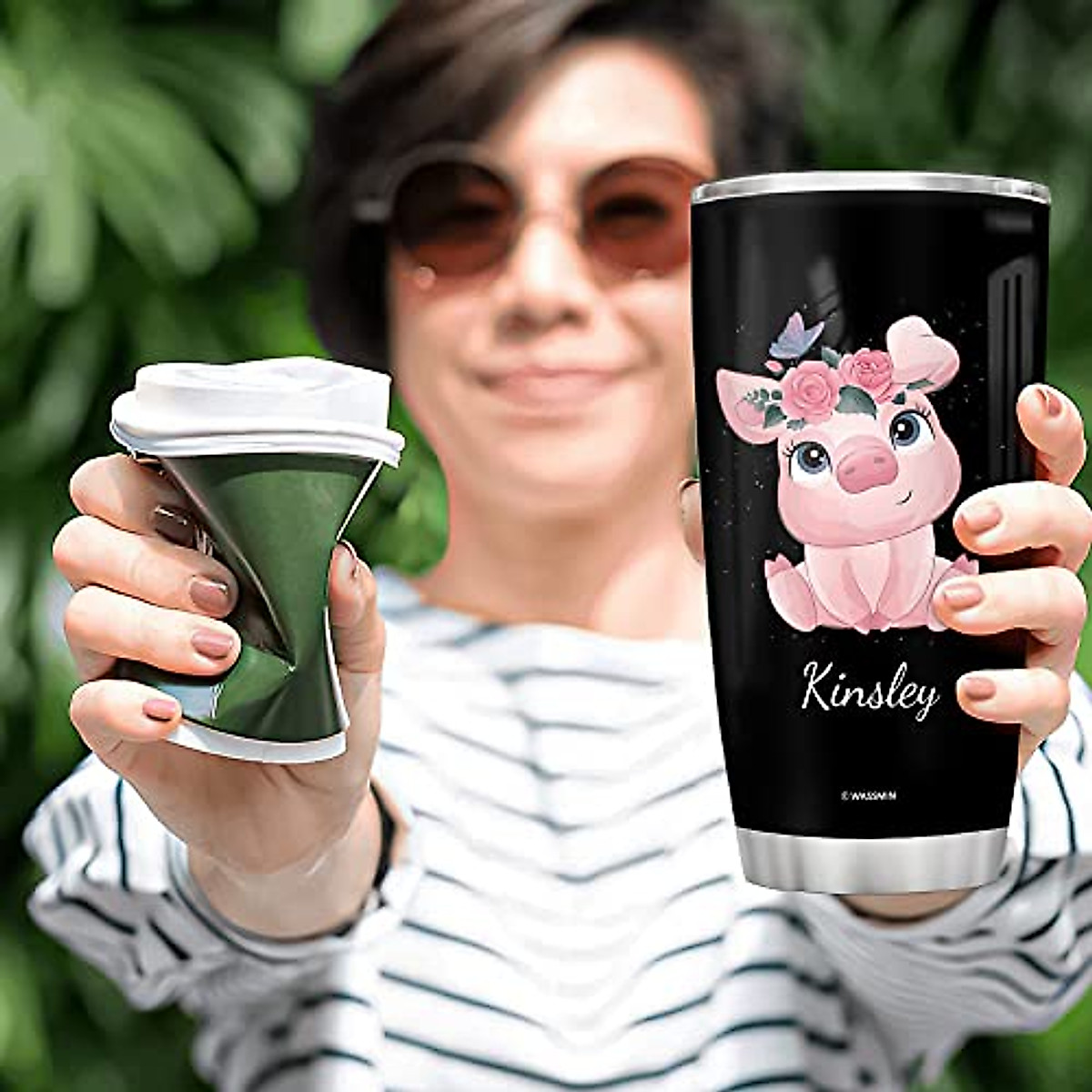 Wassmin Personalized Pig Tumbler Cup With Lid 20 oz 30 oz Custom Name Stainless Steel Double Wall Vacuum Tumblers Coffee Travel Mug Birthday Christmas Gifts For Women Girls Kids Animal Lovers