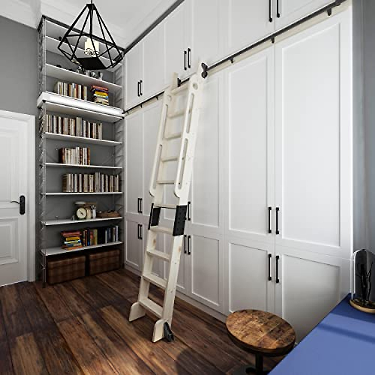 104RDHOUSE 4FT Sliding Library Ladder Hardware kit Telescopic Upper Roller,Floor Wheels with Brakes (No Ladder)