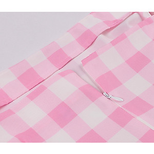 Nihsatin Barbie Pink Swing Dress Tie Shoulder Plaid Printed Knot Waist Dress