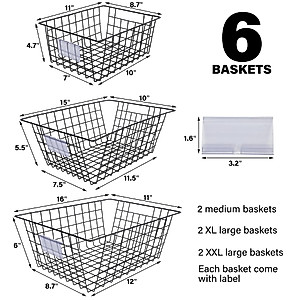 DR.DUDU 6 Pack Extra Large Wire Storage Baskets for Organizing with Lables, Metal Kitchen Organizers and Storage Baskets for Pantry Garage Freezer, Onion Potato Snack Storage Bins (Black)