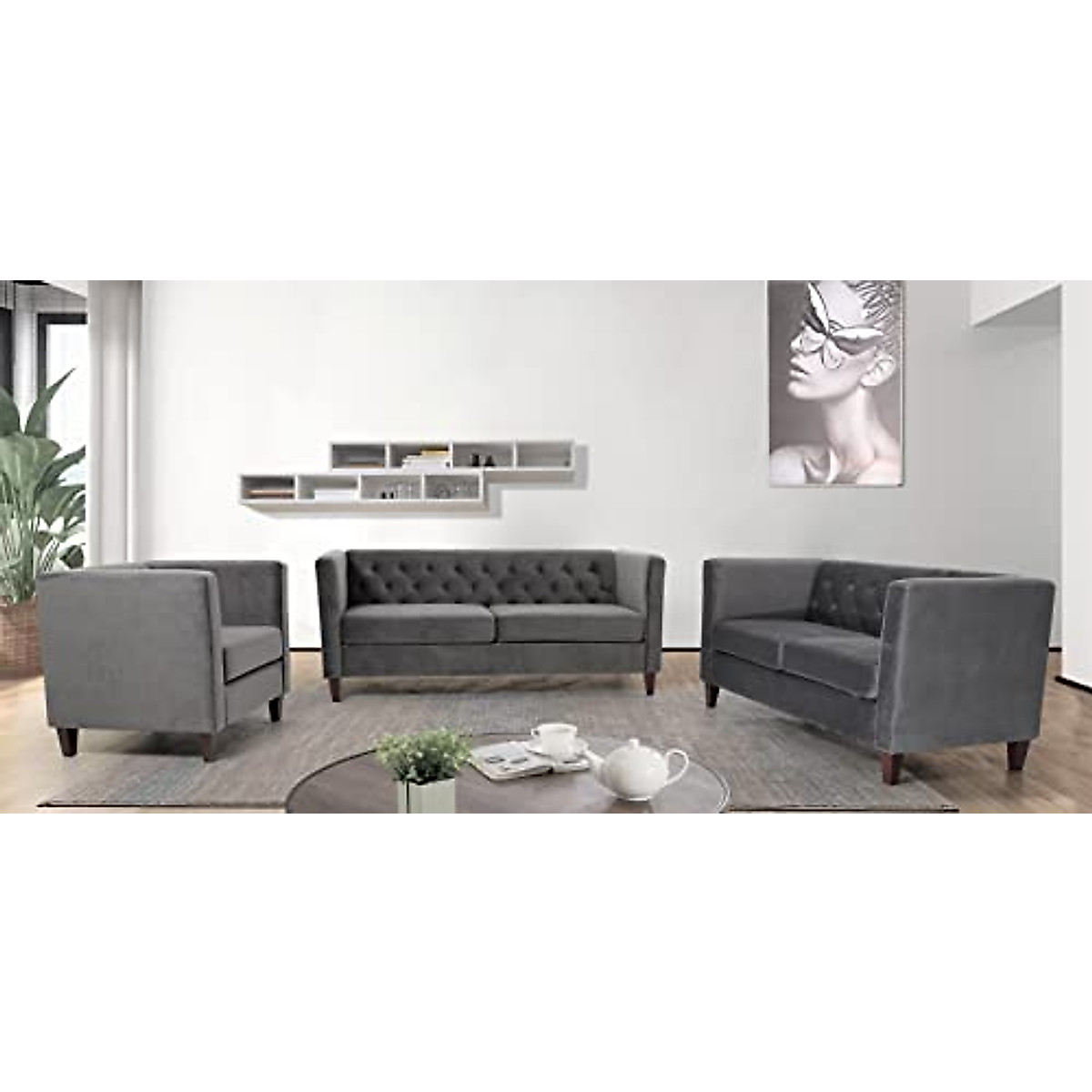 US Pride Furniture Modern Style Soft Elegant High Density Foam Cool Grey Velvet Button-Tufted 3 PC Living Room Set with Removable Cushion & Solid Wood Legs (S5708-5714) Sofas