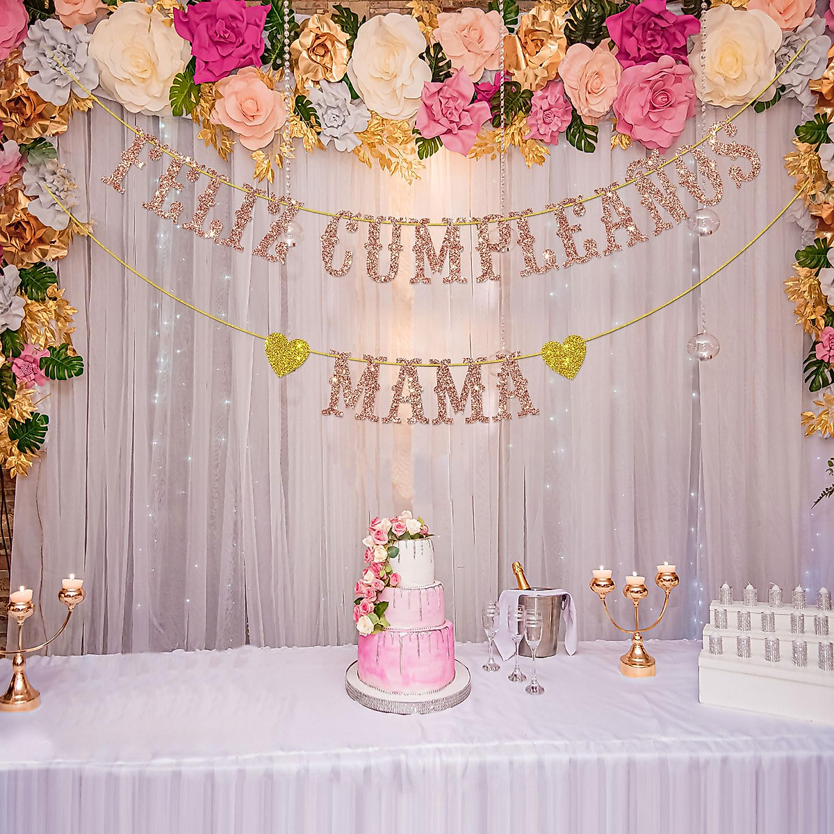 Helewilk Feliz Cumpleaños Mama Banner/Spanish Happy Birthday Mom Banner/Mexican Fiesta Theme Mom' Birthday Mother's Day Party Decorations/Rose Gold Glitter