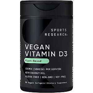 Sports Research Vegan Vitamin D3 5000IU (125 mcg) with Coconut Oil | 100% Plant-Based Vitamin D for Bone, Joint & Immune Support | Carrageenan Free, Vegan Certified & Non-GMO Verified (60 Softgels)