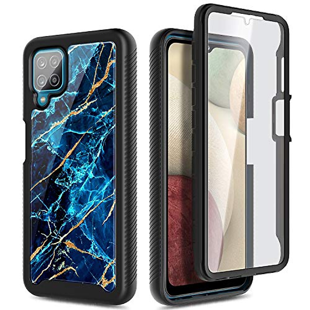 NZND Case for Samsung Galaxy A12 with [Built-in Screen Protector], Full-Body Protective Shockproof Rugged Bumper Cover, Impact Resist Durable Phone Case Cover (Marble Design Sapphire)