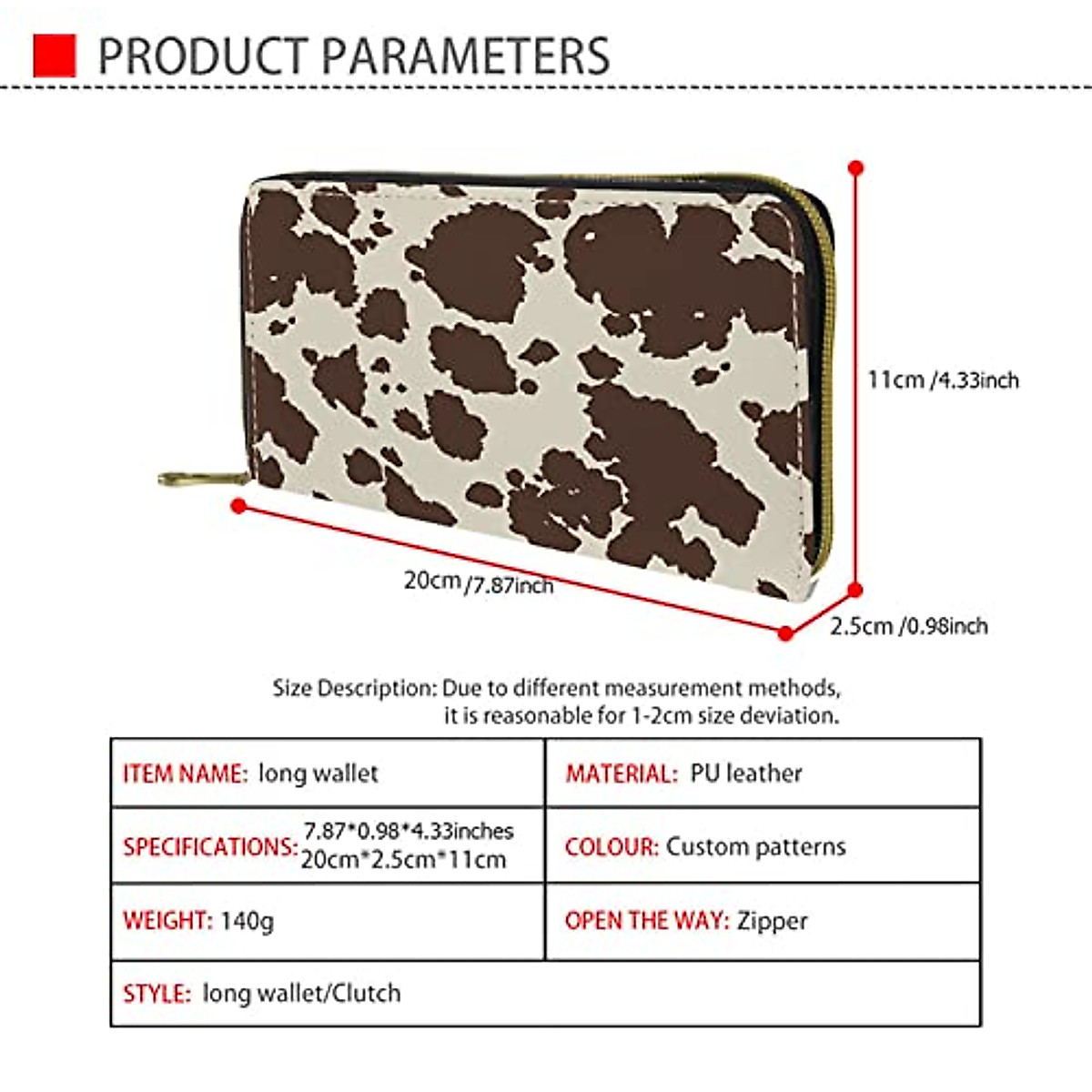 CLOHOMIN Brown Cow Wallet Purse Long Leather Waterproof Cash Card Holder Cute Animal Fur Prints Clutch Purse for Women Girls Holder Zipper Closure Mini Wristlet Coin Bag