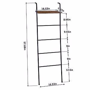 CADUKE Blanket Ladder Towel Ladder for Bathroom Blanket Ladder with Shelf Ladder Blanket Holder for Living Room Farmhouse 5-Tier Wall-Leaning Ladder Shelf Metal Quilt Rack, Black and Brown