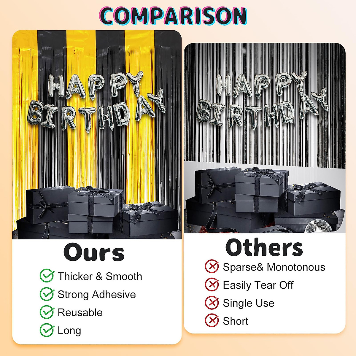 Merear Backdrop for Party Decorations, 3 Pack Black and Gold Foil Fringe Curtains Party Decor 8.2 * 3.3 FT Tinsel Streamers Birthday Party Decorations Photo Fringe Backdrop for Party, Graduation