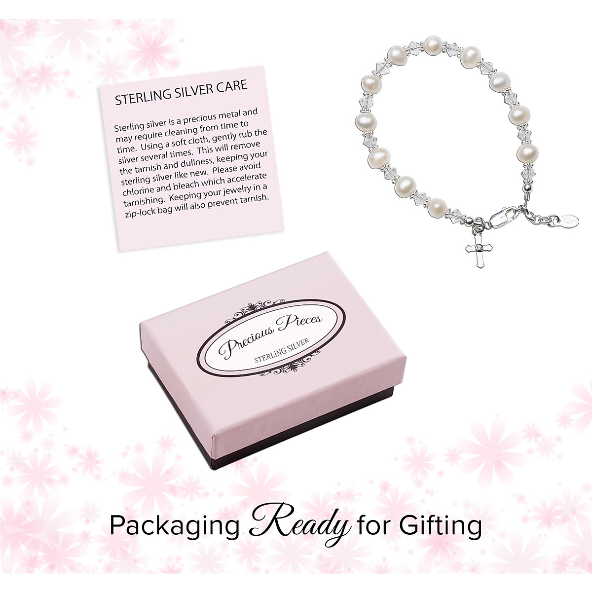 Precious Pieces First Communion Gift for Girls Sterling Silver Cross Bracelet with Cultured Pearl and Crystals for Girls (LG)