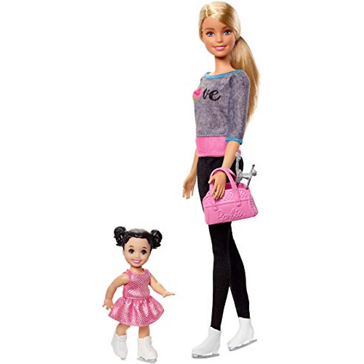 Barbie Ice-Skating Dolls & Playset with Blonde Coach Barbie Doll, Brunette Small Doll and Ice-Skating Base with Turning Mechanism, Gift for 3 to 7 Year Olds