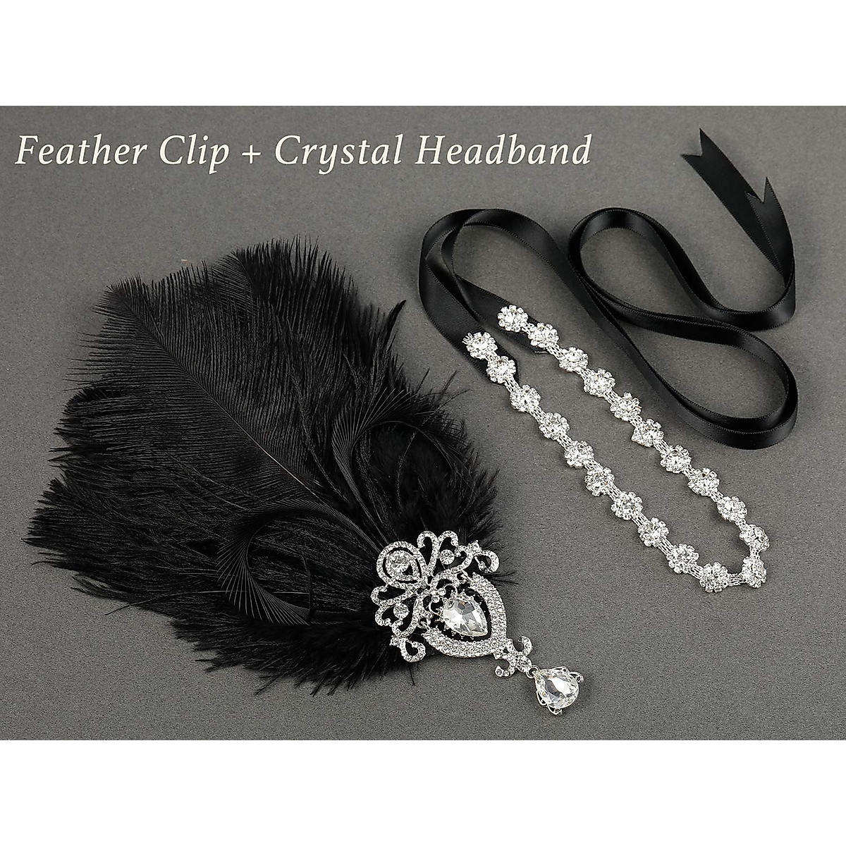 SWEETV 1920s Feather Headpiece Black, Womens Ostrich Feather Crystal Headband, Great Gatsby Hair Accessories for Women, Ribbon Tie