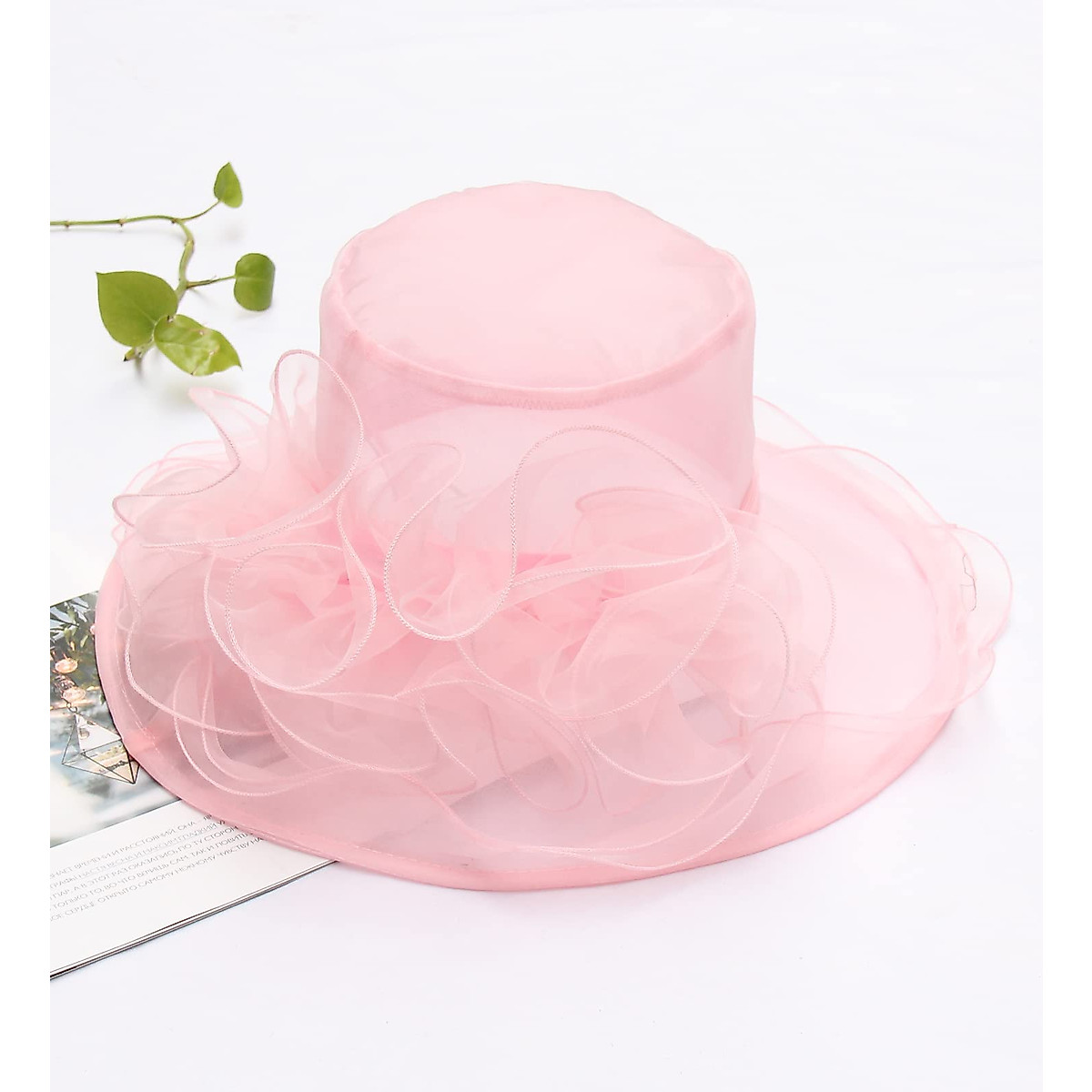 ELLYDOOR Fascinator Wedding Derby Hats for Women Bridal Organza Church Tea Party Hat Wide Brim Sun Hat (Pink)
