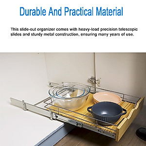 DINDON Pull Out Cabinet Organizer (14" W x 21" D),1 Tier Slide Out Shelf, Shelves Organization and Storage for Kitchen Under Sink Space, Wood and Wire Basket