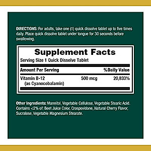 Nature's Bounty Vitamin B12, Supports Energy Metabolism and Nervous System Health, 500mcg, Tablets, 100 Ct