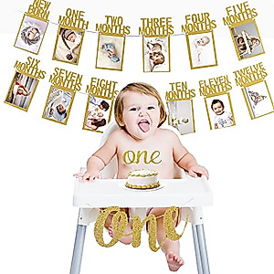 1st Birthday Baby Photo Banner for Newborn to 12 Months, with High Chair Banner, Monthly Milestone Photograph Bunting Garland First Birthday Celebration Decoration