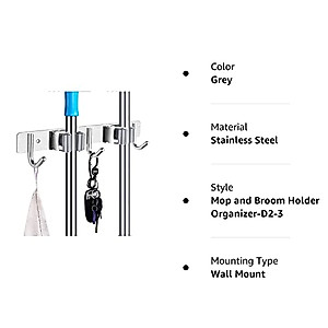POPRUN Broom Mop Holder Wall Mount Stainless Steel Garden Tool Hanger Garage Organizer Home Kitchen Laundry Storage, 2 Racks 3 Hooks, Grey