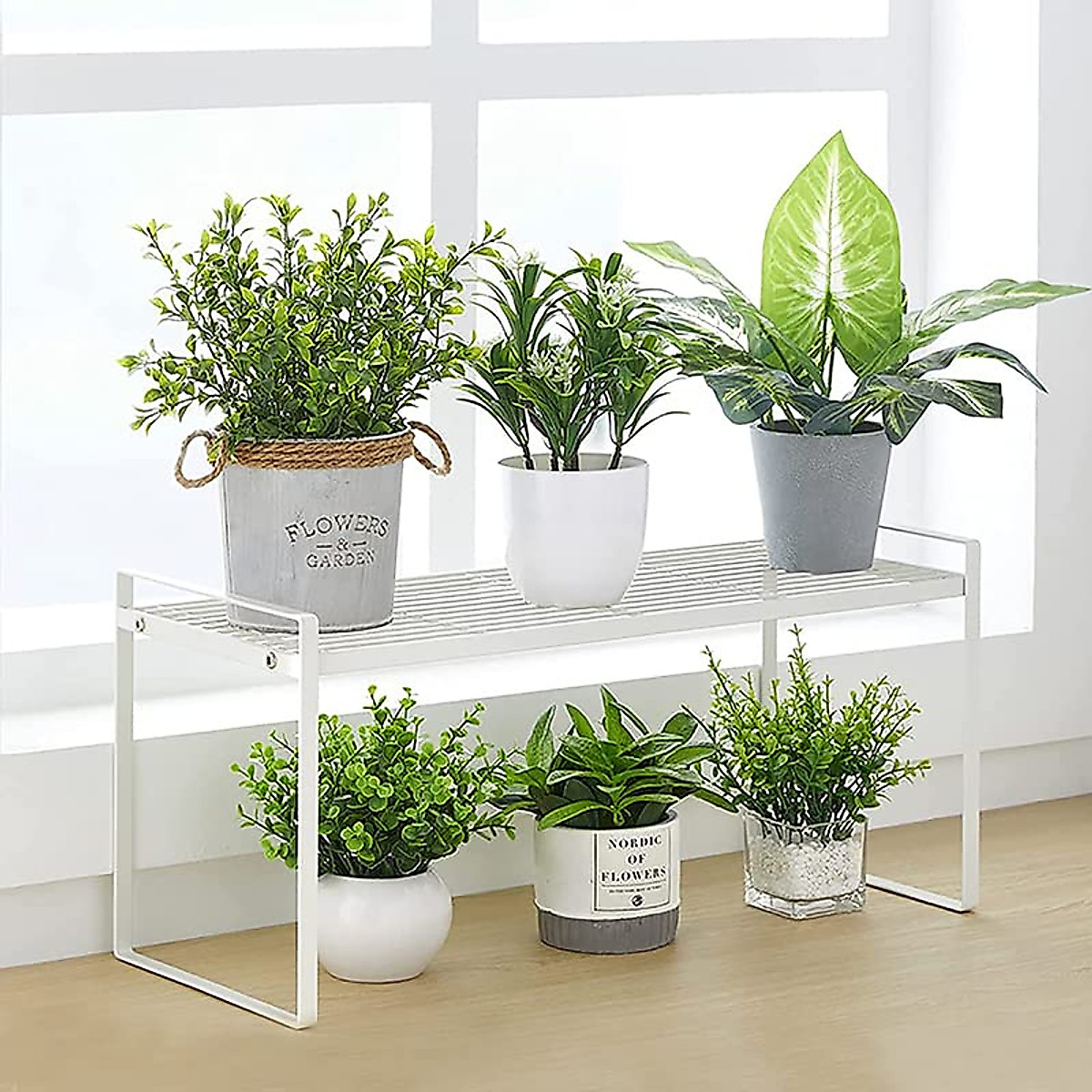 Kitchen Cabinet Storage Rack Bedroom Under Sink Countertop Metal Shelf with L Key White Iron,Space Saving Steel Frame Stackable Rust Resistant Non Slip White