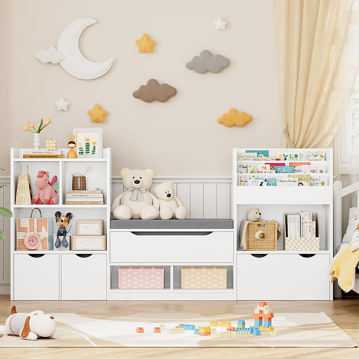 FOTOSOK 72” Kids Bookshelf with Reading Nook, Super Large Toy Storage Organizer with Seat Cushion and 3 Movable Drawers, Kids Reading Nook Toy Organizers and Storage with Bench for Living Room