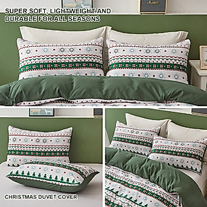Cottolester Christmas Duvet Cover Queen Size Christmas Tree Snowflake Bedding Set Striped Duvet Cover Lightweight Soft Microfiber Bedding Set(Green,3PC)