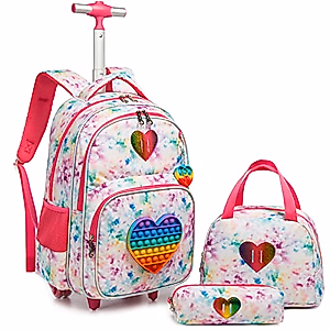 Egchescebo School Bags Kids Rolling Love Backpack for Girls Luggage Suitcase With Wheels Trolley Wheeled Backpacks for Girls Travel Bags 17' 3PCS Toy With Lunch Box Red