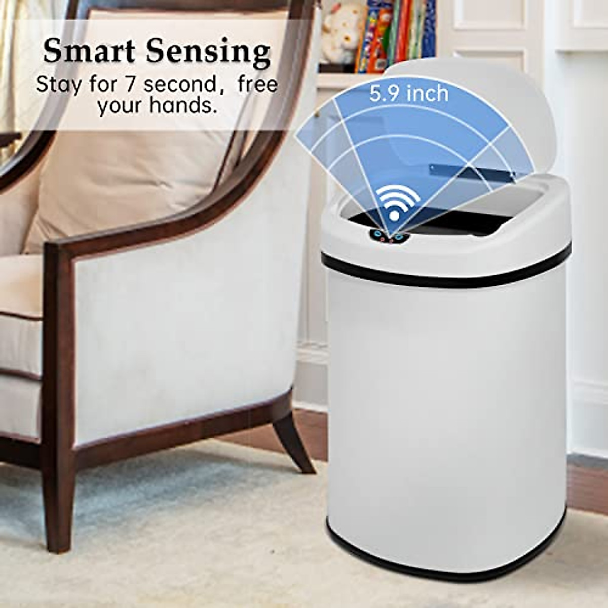 GINMAON Trash Can 13 Gallon Stainless Steel Kitchen Garbage Can with Lid Waterproof Touch Free Large Capacity Rubbish Can for Home Kitchen Office, White