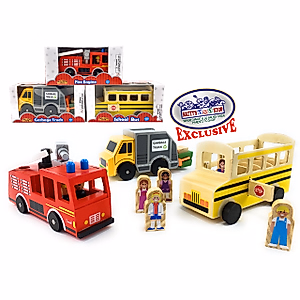 Matty's Toy Stop Deluxe Wooden Vehicle Set Featuring a School Bus (with 5 Play Figures), Fire Engine (Fire Truck) and Garbage Truck Gift Set Bundle - 3 Pack
