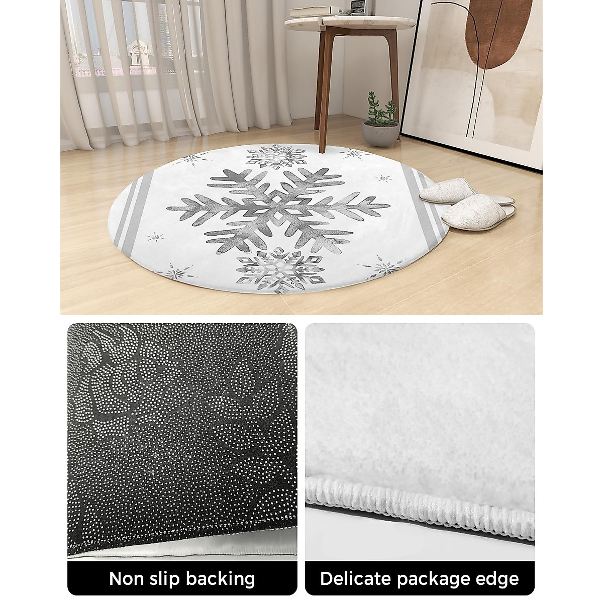 Grey Snowflake Fluffy Round Area Rug Carpets 5ft, Plush Shaggy Carpet Soft Circular Rugs, Non-Slip Fuzzy Accent Floor Mat for Living Room Bedroom Nursery Home Decor Winter Christmas Stripes Holiday