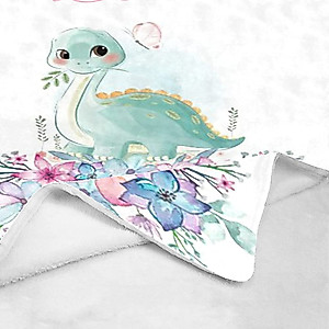 Floral Watercolor Baby Dinosaur Baby Blanket with Name Custom Personalized Super Soft Nursery Fleece Throw Blankets for Newborns Baby Shower Girls Kids Birthday Gift 30 X 40 inch
