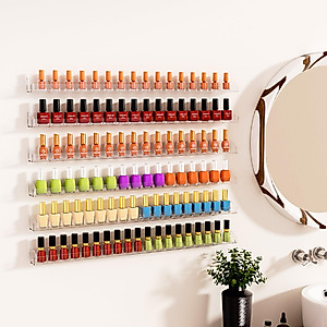 Hexsonhoma 30 Inch Clear Nail Polish Wall Rack with Removable End Caps Set of 6, Acrylic Nail Polish Organizer Wall Mounted,Nail Polish Sorage Shelves for 192 Bottles (30 Inch)