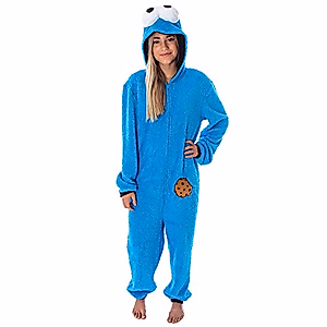 Sesame Street Adult Unisex Cookie Monster Costume Sherpa One-Piece Union Suit Pajama Onesie For Men And Women (SM/MD)