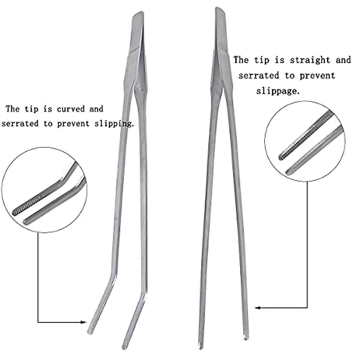2 Pcs Feeding Tongs, Aquarium Tweezers Stainless Steel Straight and Curved Tweezers Set 27cm/10.6 inches Aquascaping Tools for Hold Worms, Reptiles, Lizards, Bearded Dragon (Silver)